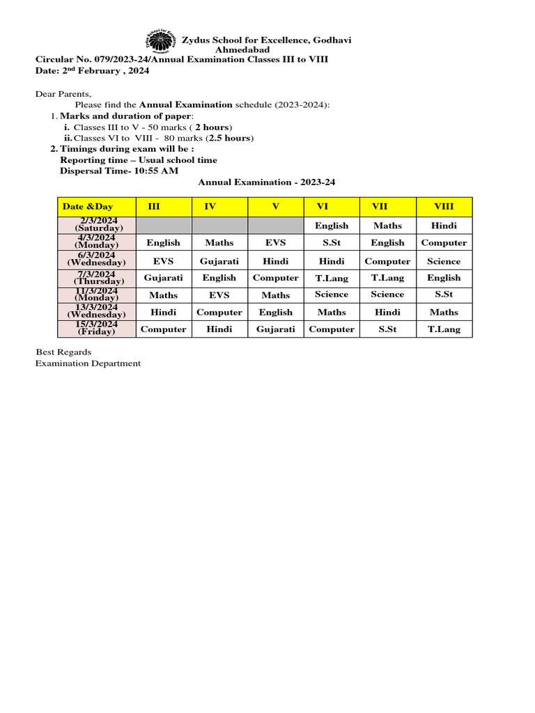 Annual Examination Student's Circular 23-24 (3 To 8) | PDF