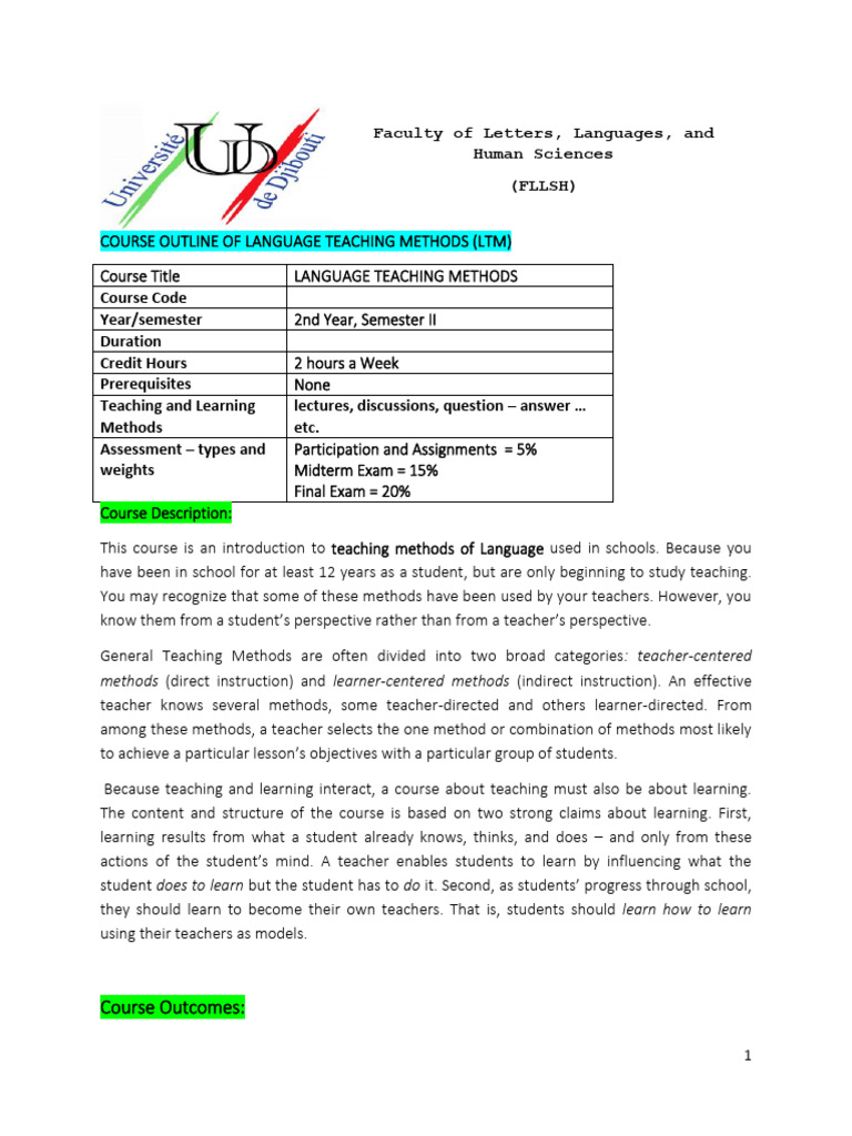 Language Teaching Methods Course.docx1 | PDF | Teaching Method | Learning