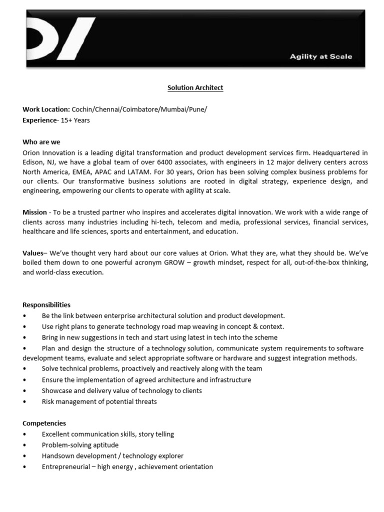 Solution Architect Orion Innovation | PDF