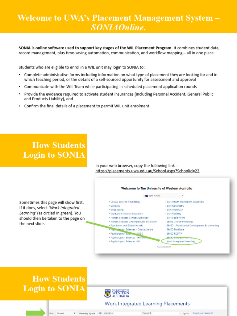 How To Navigate UWA Placement System SONIA For WIL ABDLSS Students | PDF | Login | Internet