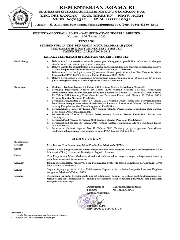 SK Tim Penjamin Mutu Madrasah | PDF