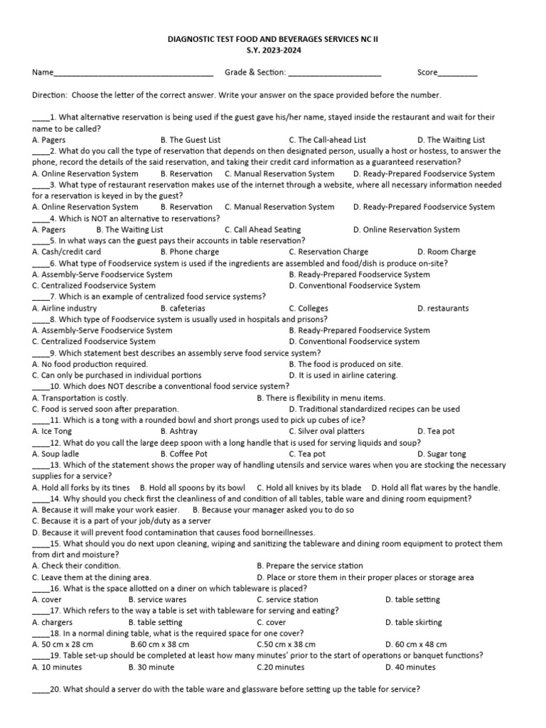 Diagnostic Test Food and Beverages Services NC Ii | PDF | Home & Garden