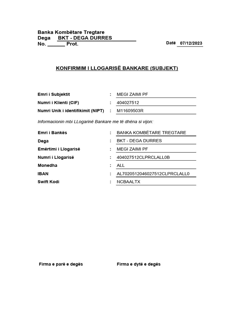 Dega Banka Kombëtare Tregtare BKT - Dega Durres No. - Prot | PDF