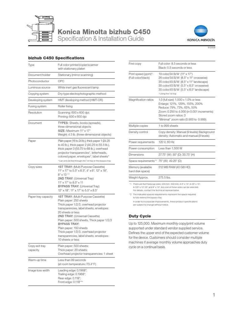 Konica Minolta bizhub C450 Specs Guide | PDF | Image Scanner ...