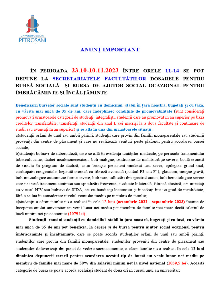 Anunt - Depunere Dosare Burse Sociale Sem. I 2023-2024 | PDF