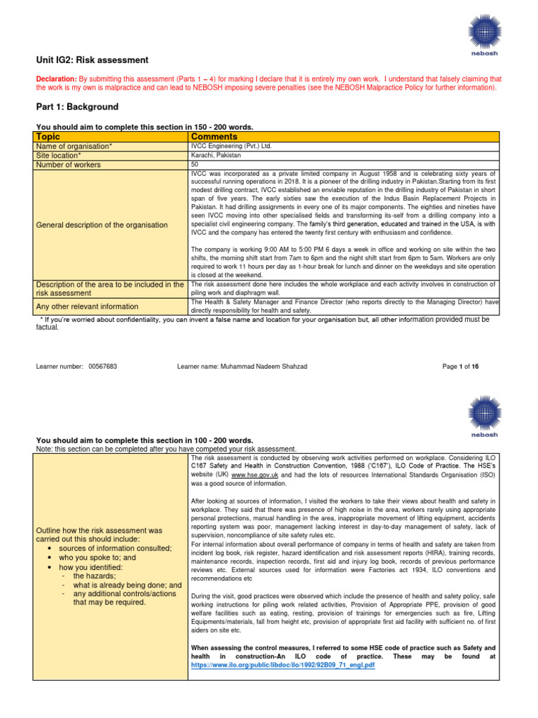Nebosh IG2 Risk Assessment Rigging Site PDF | PDF | Occupational Safety ...