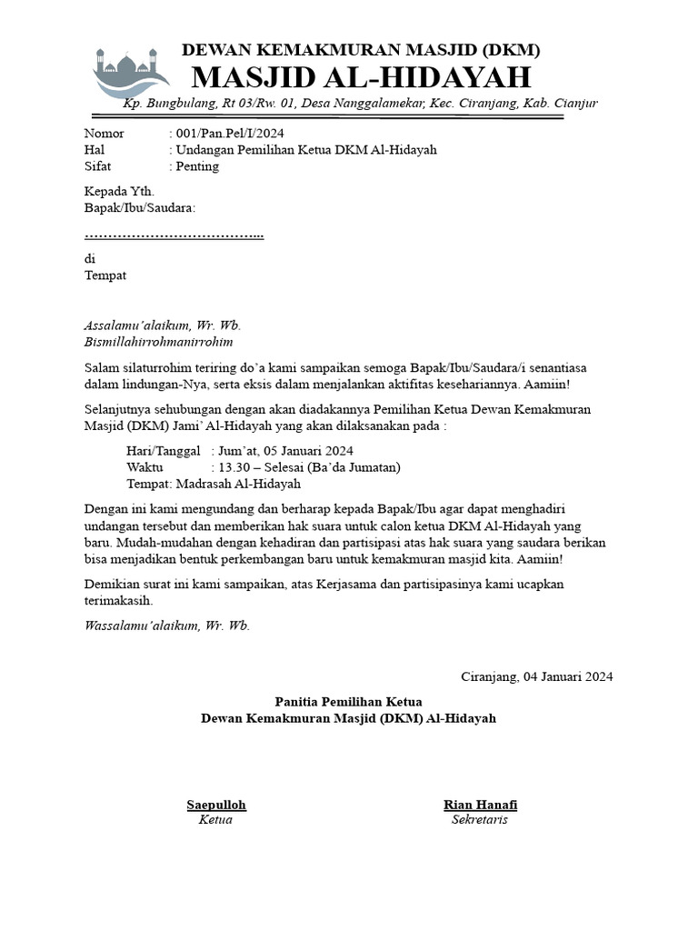Surat Undangan Pemilihan Ketua DKM Al-Hidayah | PDF