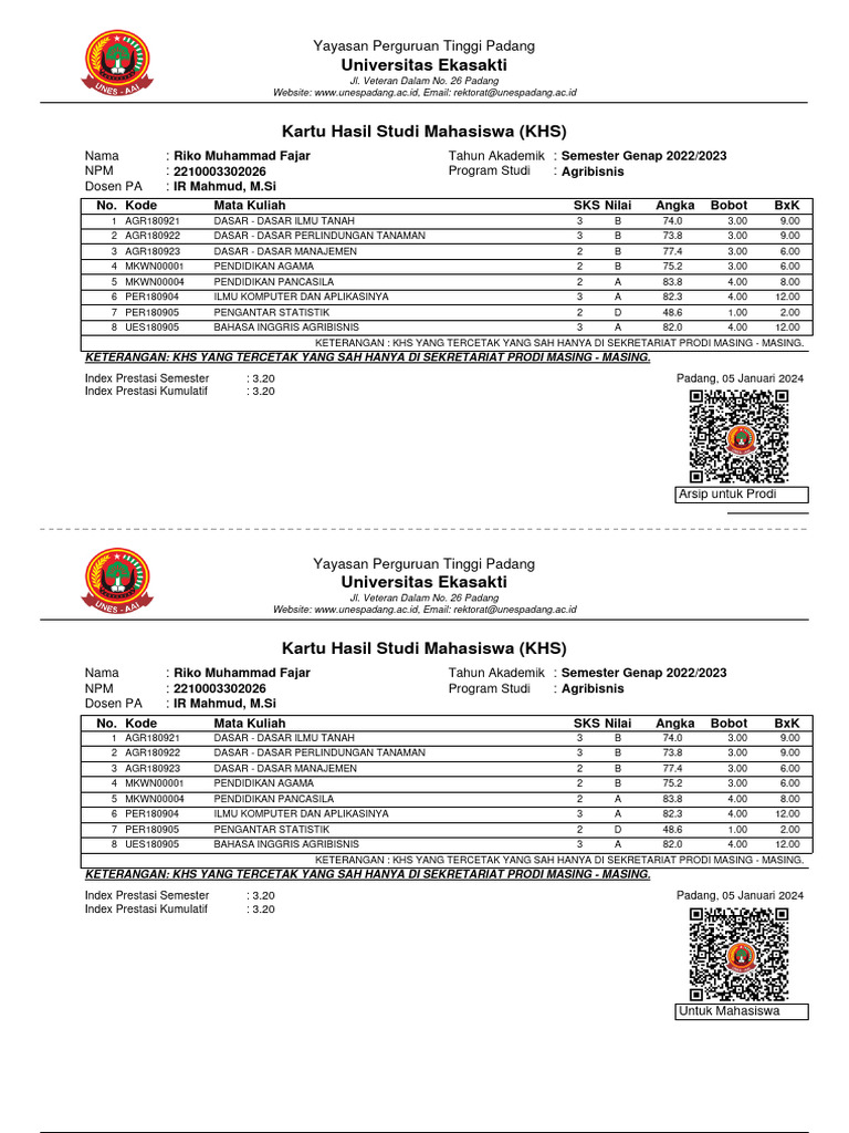 Universitas Ekasakti: No. Kode Mata Kuliah Sks Nilai Angka Bobot BXK | PDF