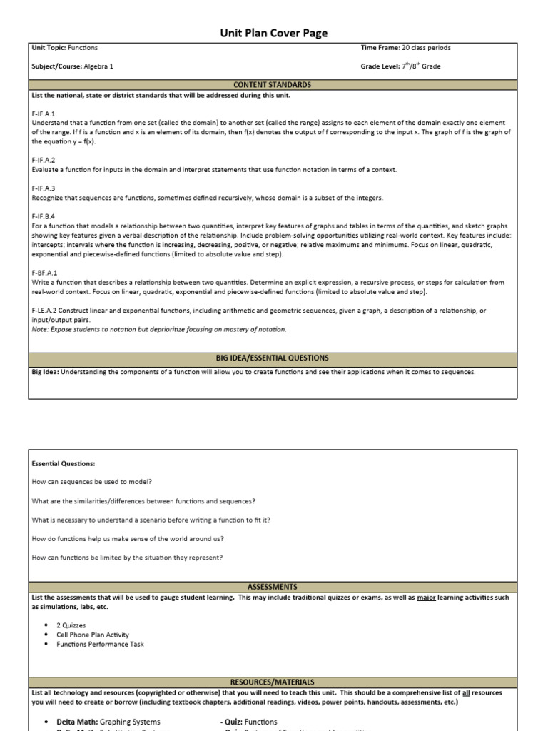 Algebra 1 Unit Plan Template | PDF | Function (Mathematics) | Mathematics