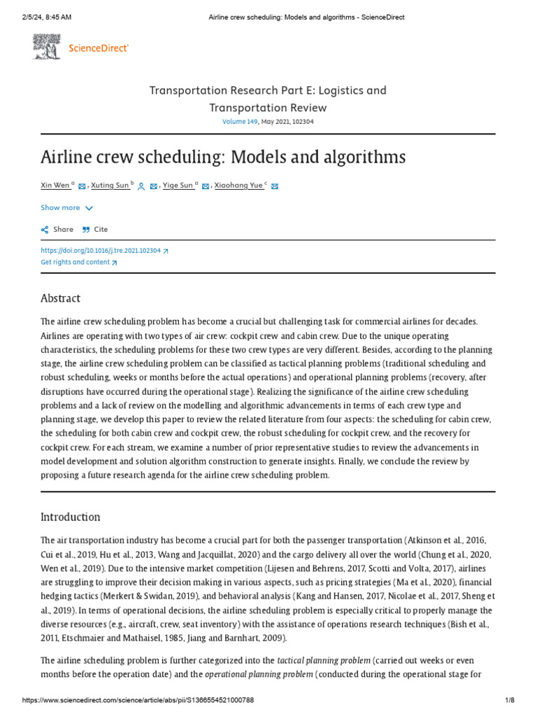 Airline Crew Scheduling - Models and Algorithms - ScienceDirect | PDF