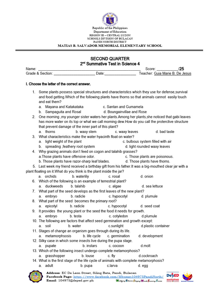 2nd Summative Test Science 4 | PDF