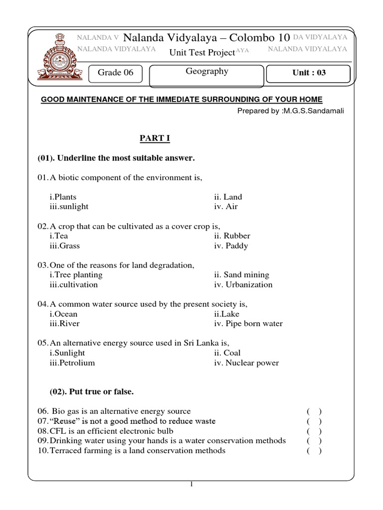 Geography Unit Test: Environmental Care | PDF | Energy Development ...