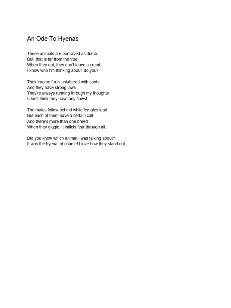 Hyena Appreciation Poem | PDF | Mystery, Thriller & Crime Fiction | Poetry