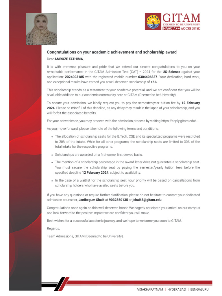Gitam Admission Letter | PDF