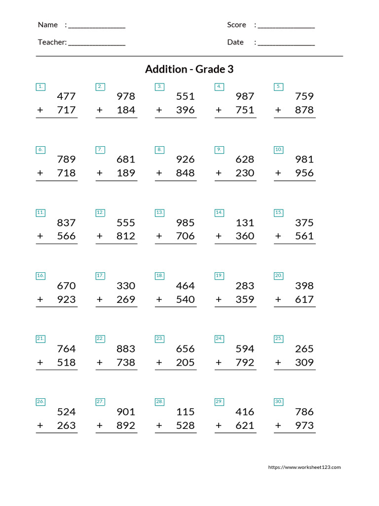 Addition Worksheets For Grade 3 - With Answer Key | PDF