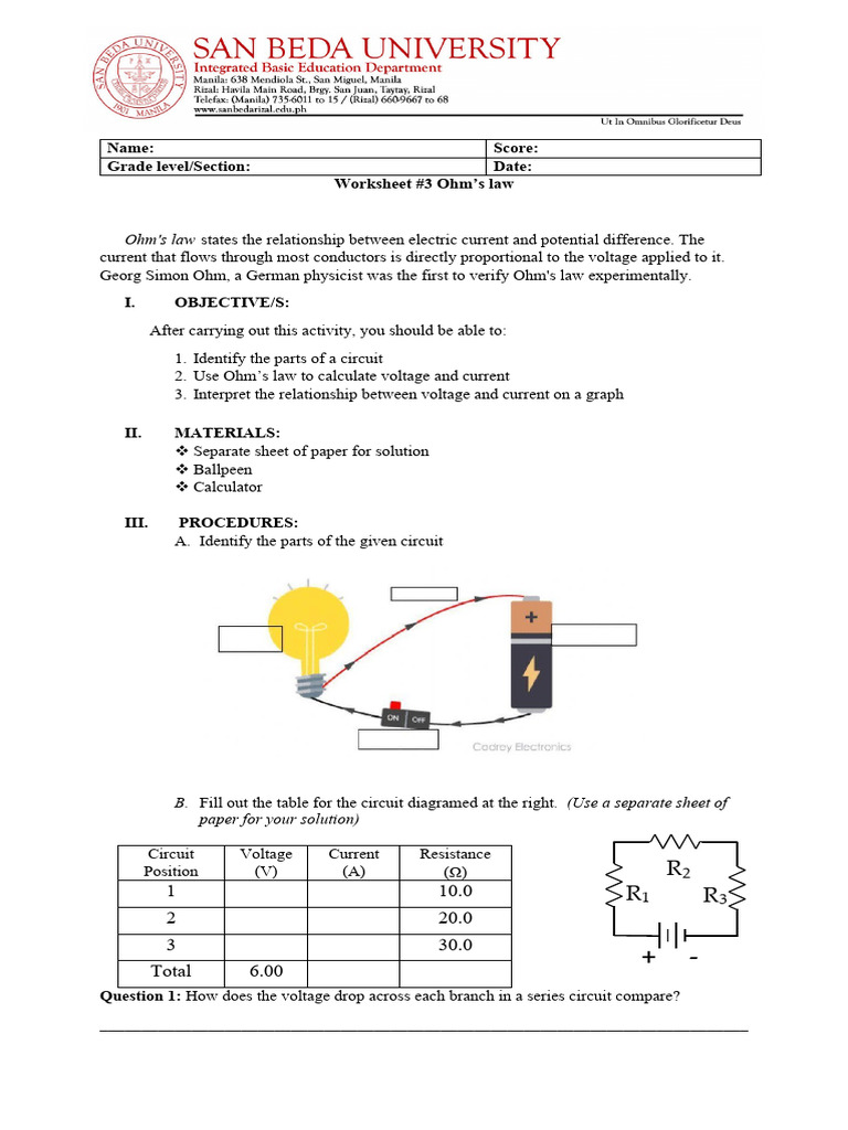 Ohm's Law Worksheet for Students | PDF | Electrical Resistance And ...