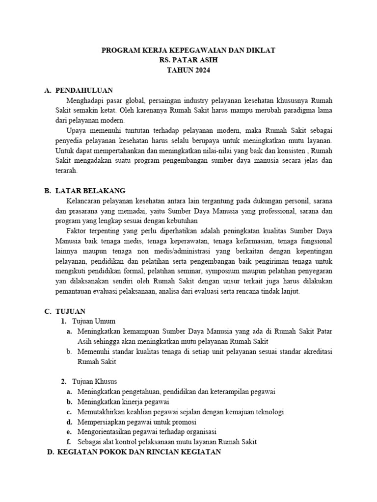 PROGRAM KERJA SUB BAGIAN KEPEGAWAIAN RSRI TH 2019 | PDF | Bisnis