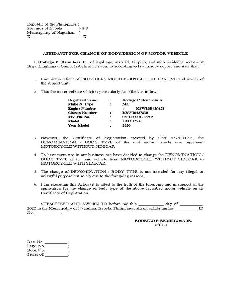 Affidavit for Change of Vehicle Body | PDF | Affidavit | Vehicles