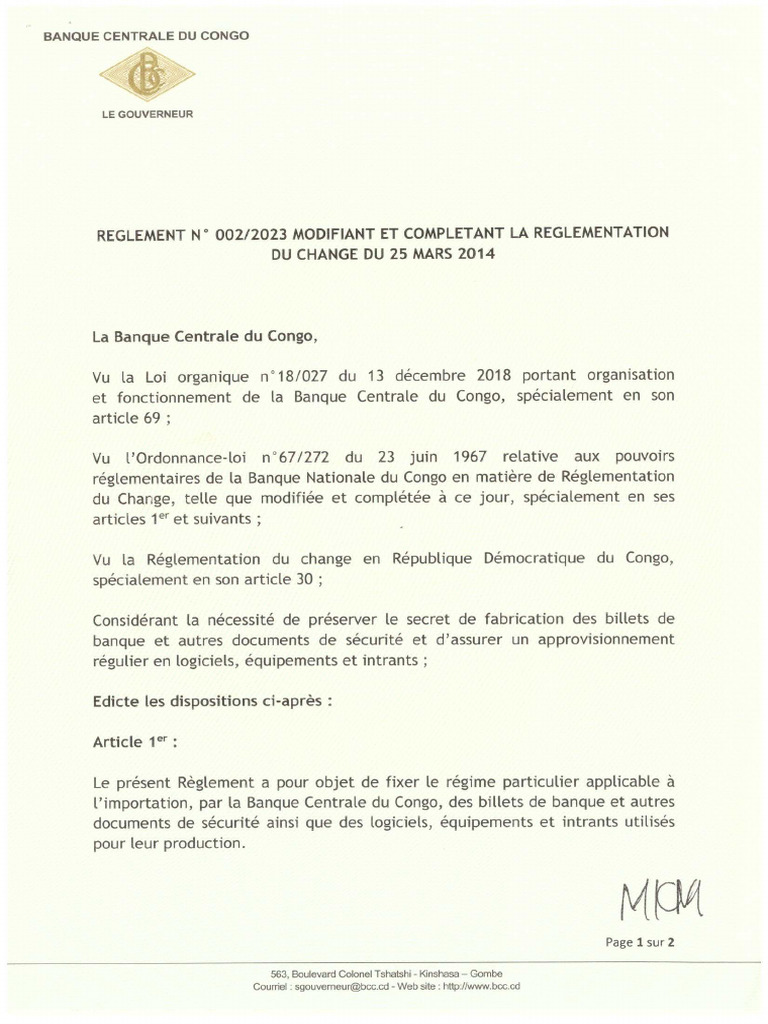 Reglement Ndeg002 2023 Modifiant Et Completant La Reglementation Du ...