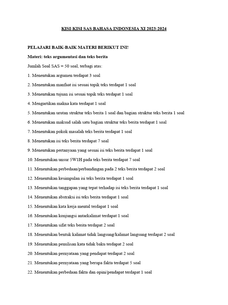 Kisi-Kisi Soal Sas Bin Xi 2023-2024 | PDF