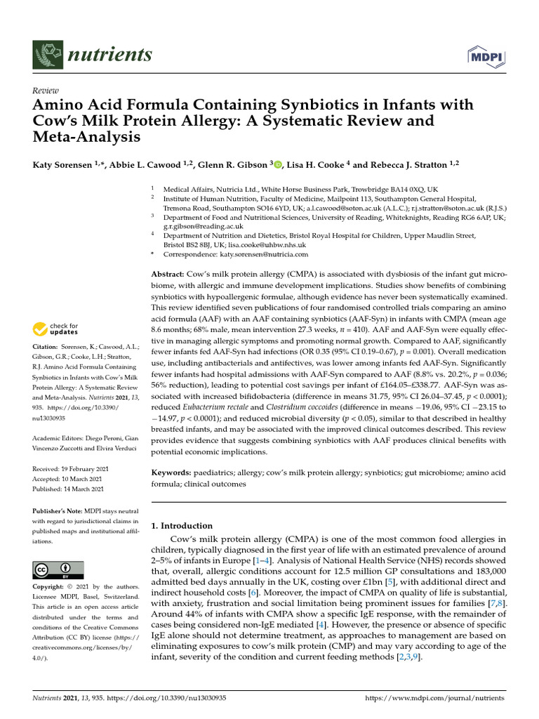 Amino Acid Formula Containing Synbiotics in Infants With Cow's Milk ...