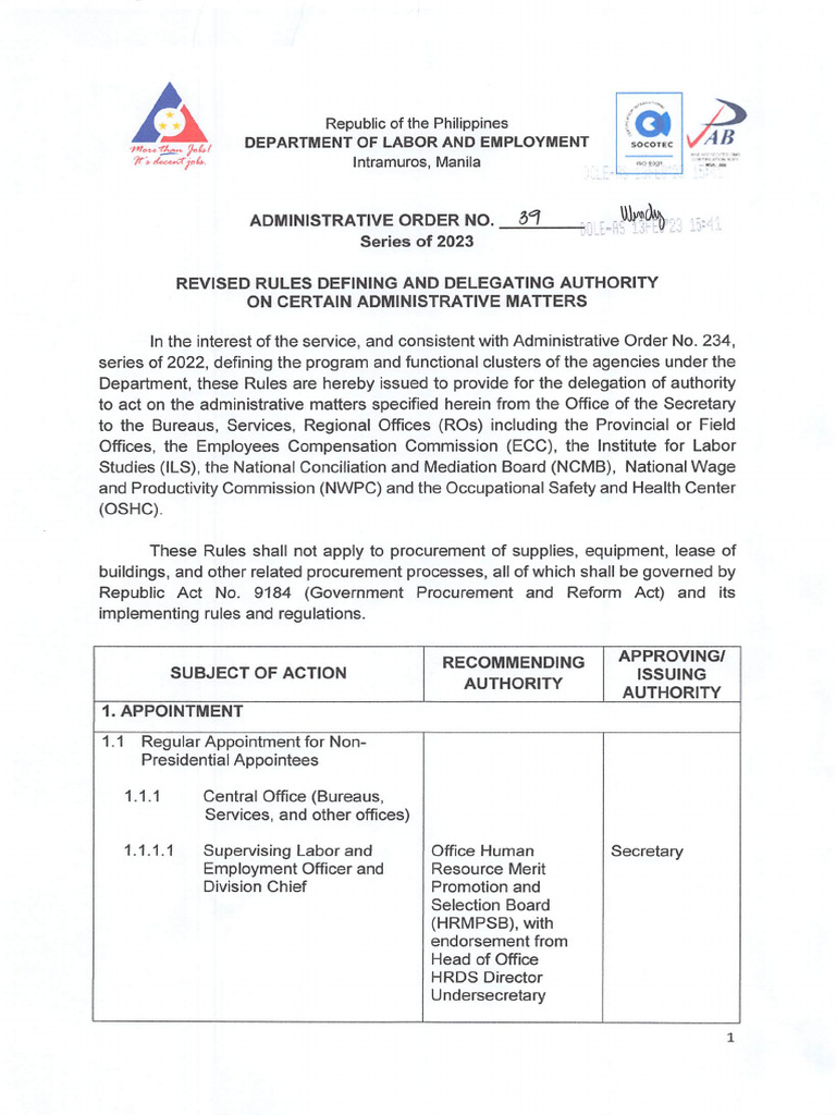AO 39-23 Revised Rules Defining and Delegating Authority On Certain ...