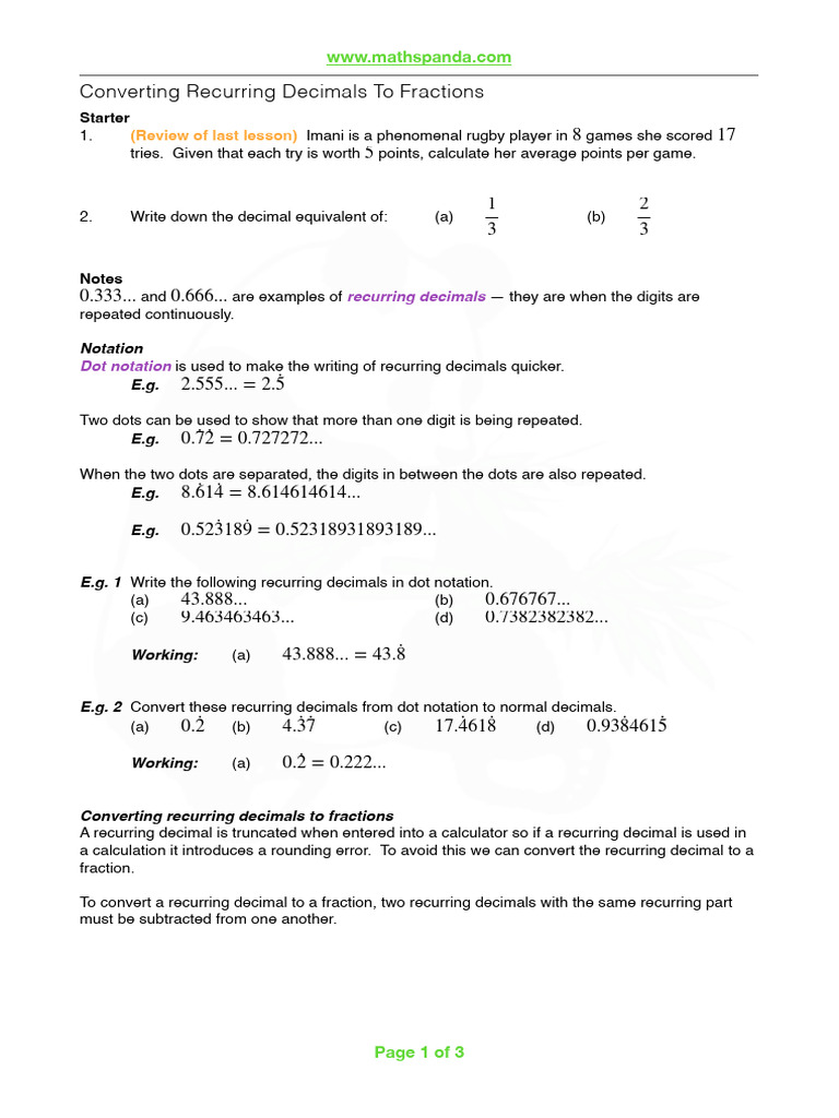 Convert Recurring Decimals To Fractions LESSON | PDF | Decimal ...