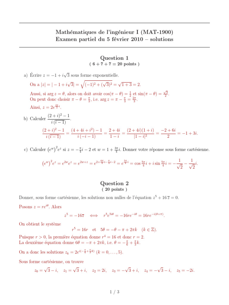 MAT 1900 Mathematique Ingenieur 1 2010H Examen 1 (Corrig ) Mixte 1 ...