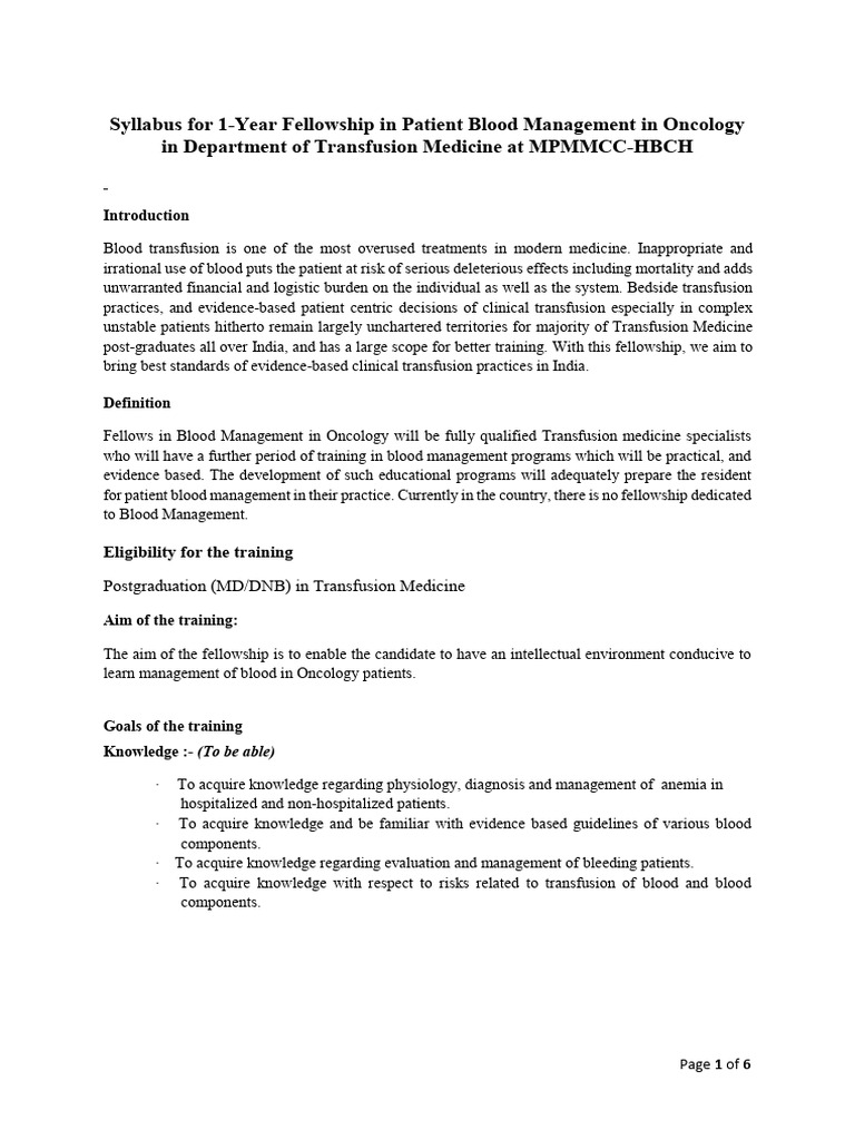 Fellowship in Blood Management Oncology | PDF | Blood Transfusion ...