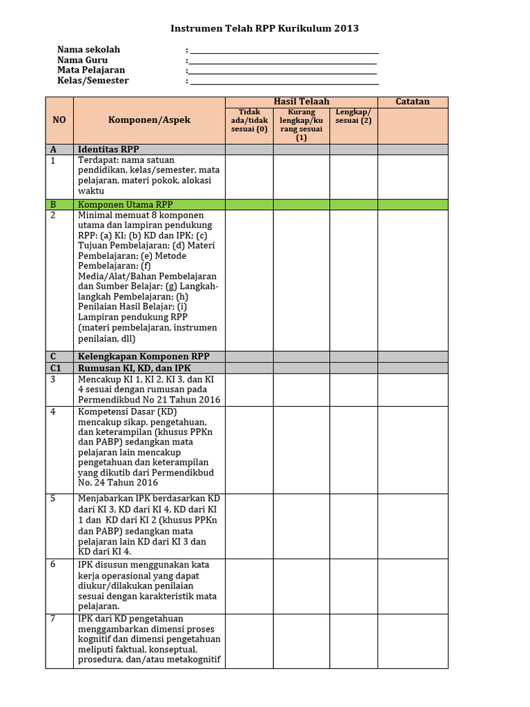 Evaluasi RPP Kurikulum 2013 | PDF