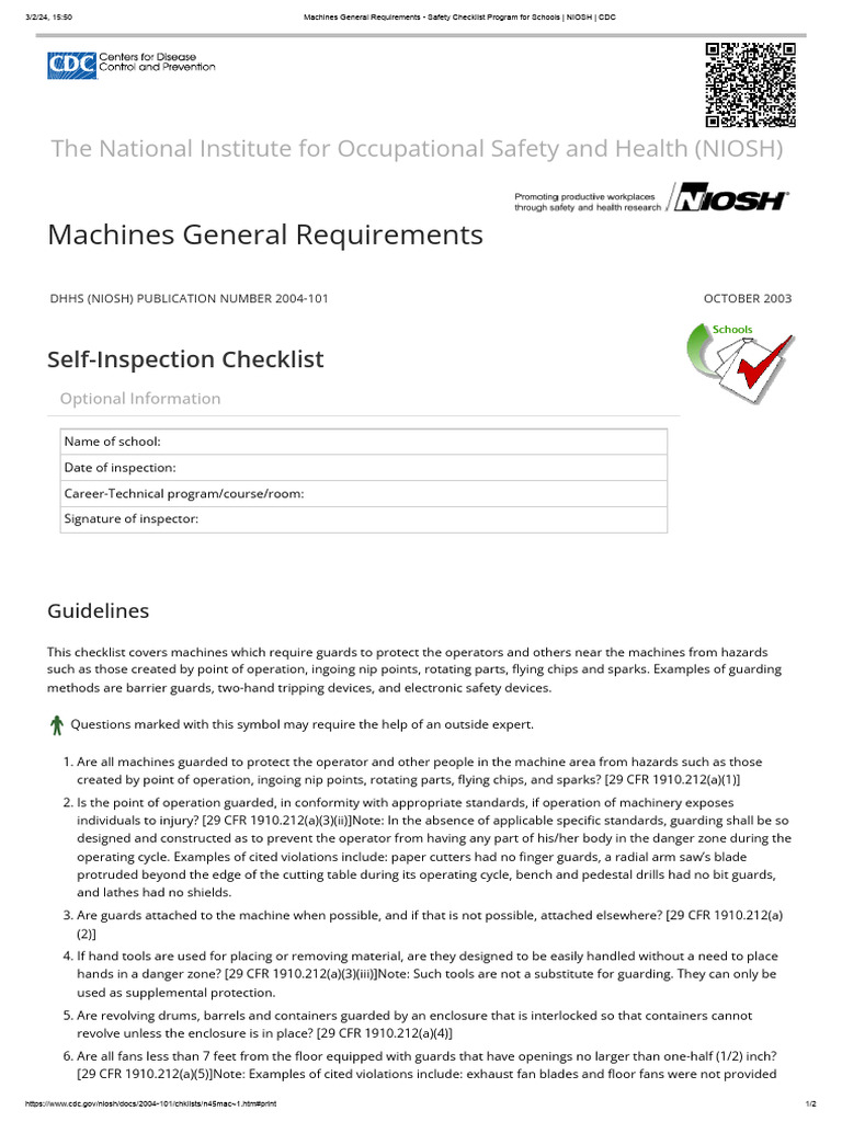 Machines General Requirements - Safety Checklist Program For Schools ...