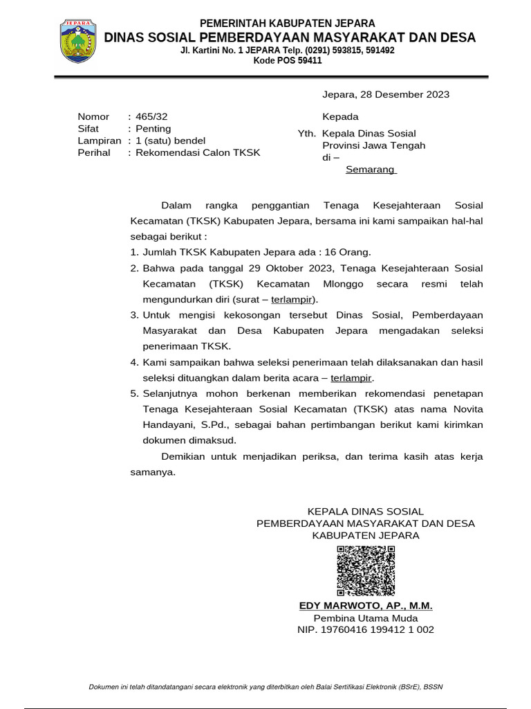 Rekomendasi TKSK Mlonggo | PDF