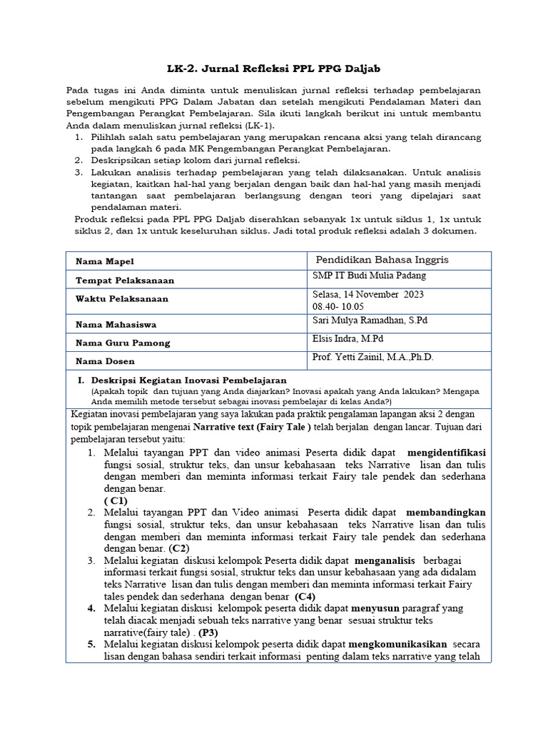 Produk Bahan Refleksi (2) PPL 2 PDF | PDF