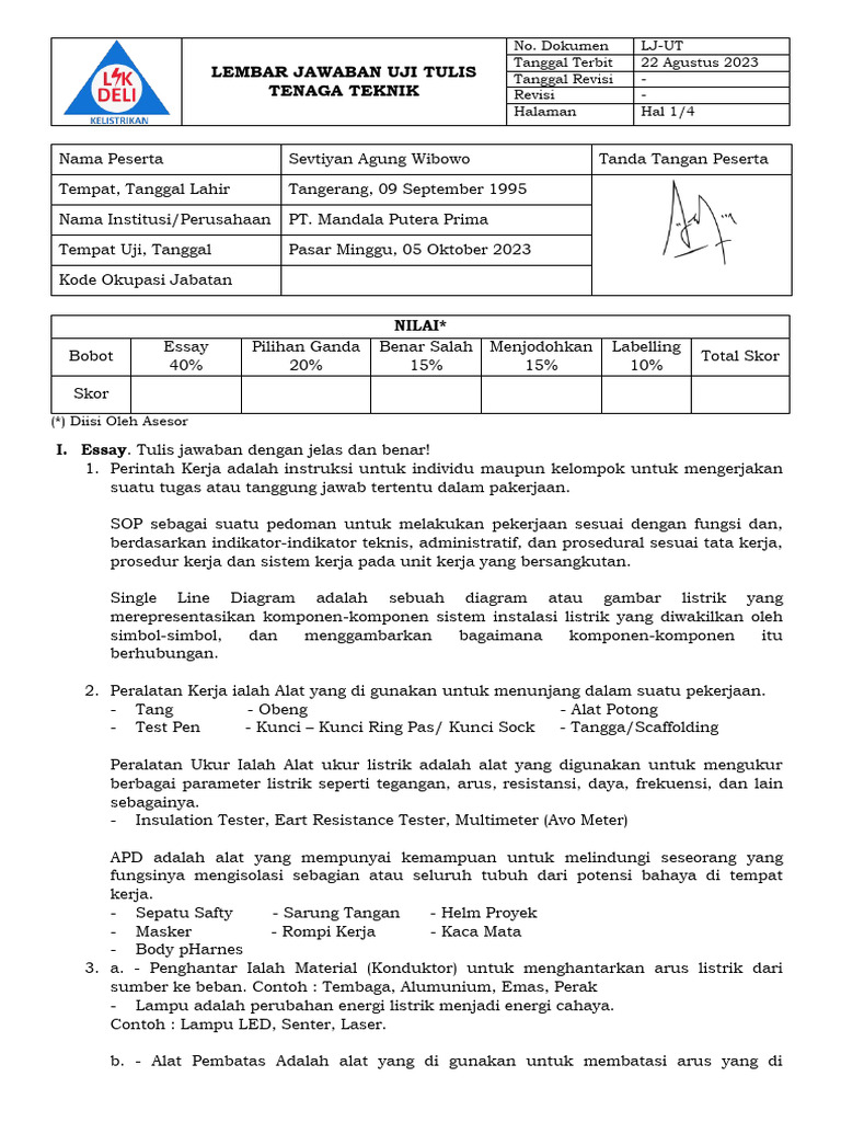Lembar Jawaban Uji Tulis Level 1-4, Ags | PDF