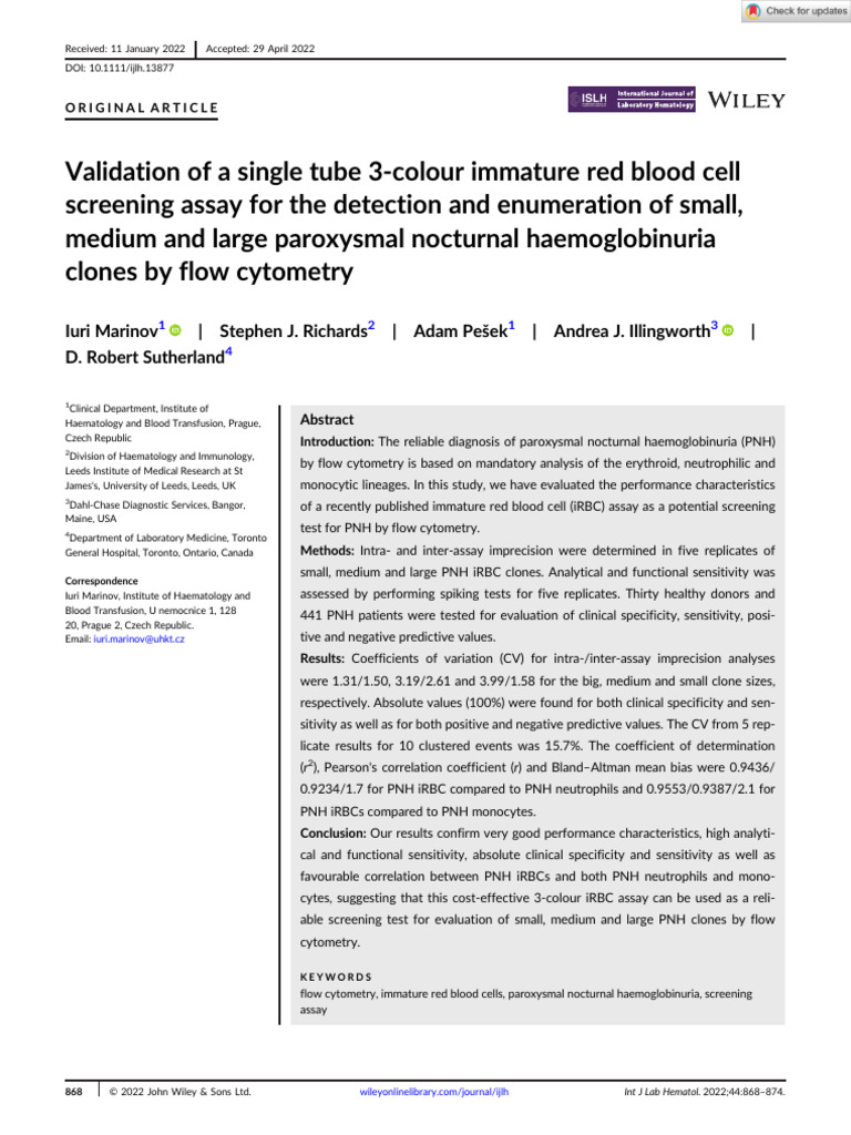 Int J Lab Hematology - 2022 - Marinov - Validation of A Single Tube 3 Colour Immature Red Blood ...