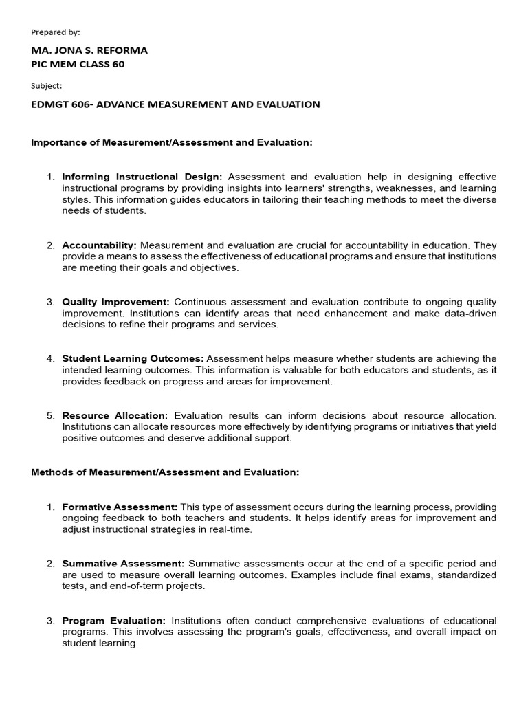 Ma. Jona S. Reforma - MAEDMGT 606 - ADVANCE MEASUREMENT AND EVALUATION ...