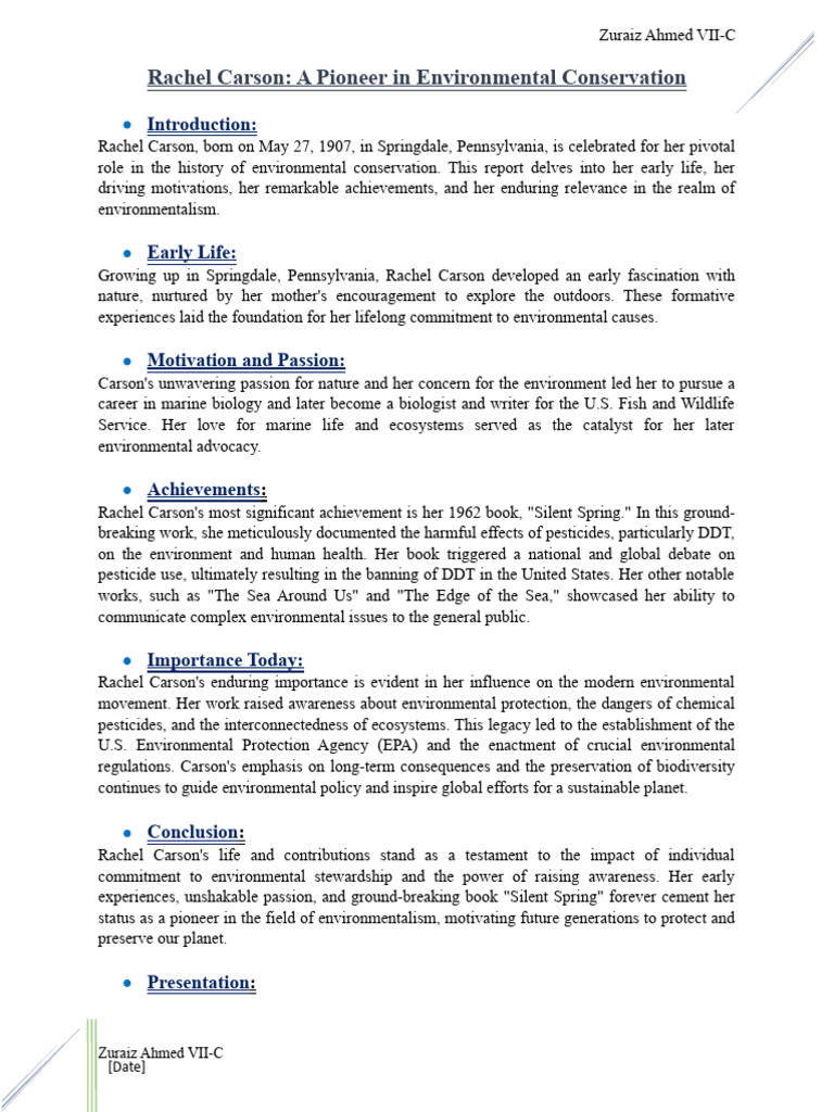 Rachel Carson: A Pioneer in Environmental Conservation | PDF