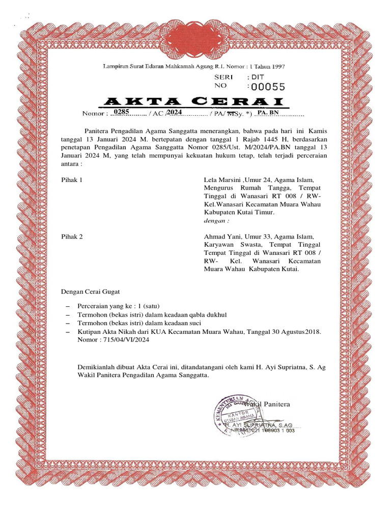 Akta Cerai Lela Marsini Pa SGT 2024 | PDF