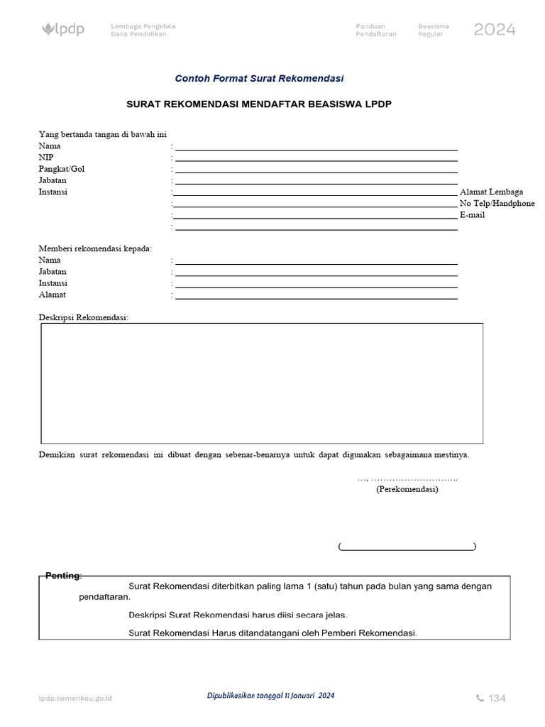 Surat Rekomendasi LPDP 2024 | PDF