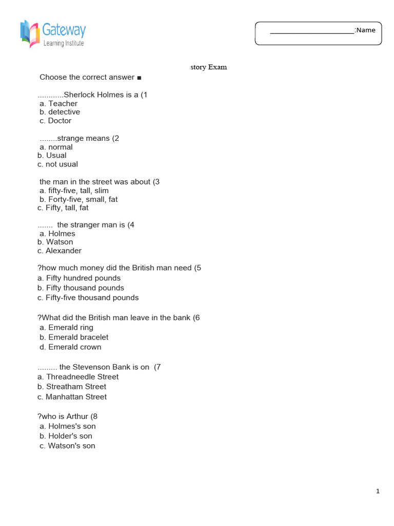 Story Exam | Download Free PDF | Dr. Watson | Sherlock Holmes