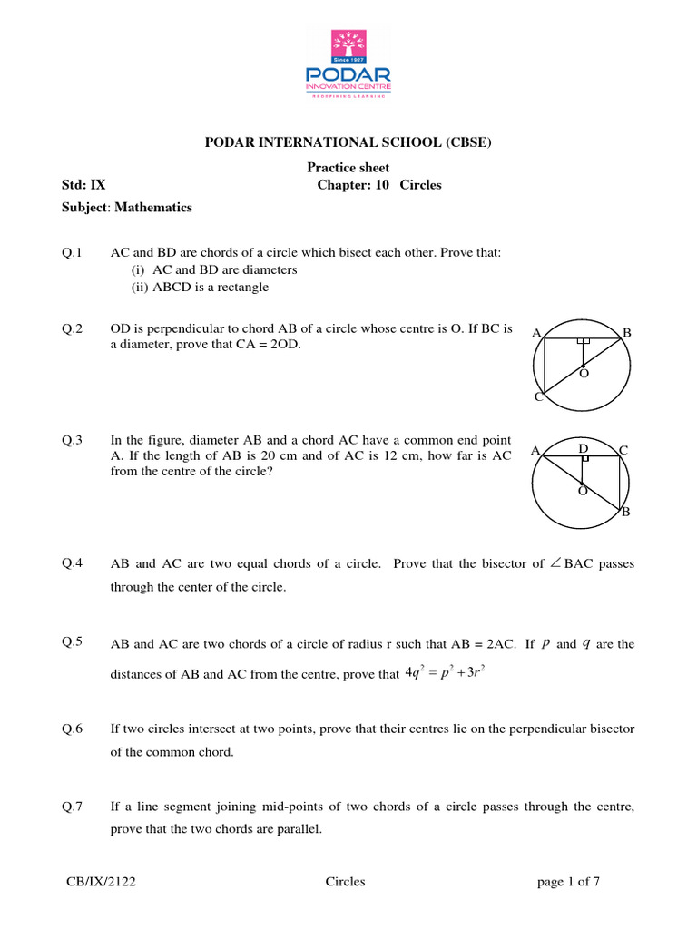 1701832667764.QP PS CB IX Math Circles | PDF | Circle | Perpendicular
