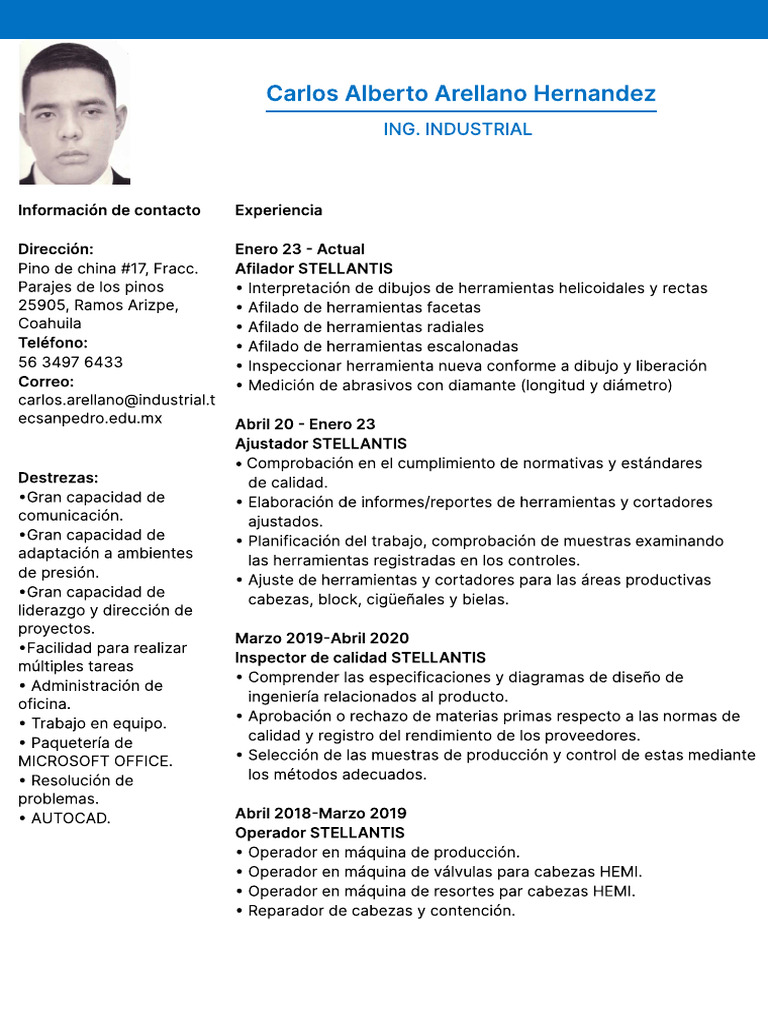 Curriculum Vitae: Carlos Arellano, Ing. Industrial | PDF | Ingeniería