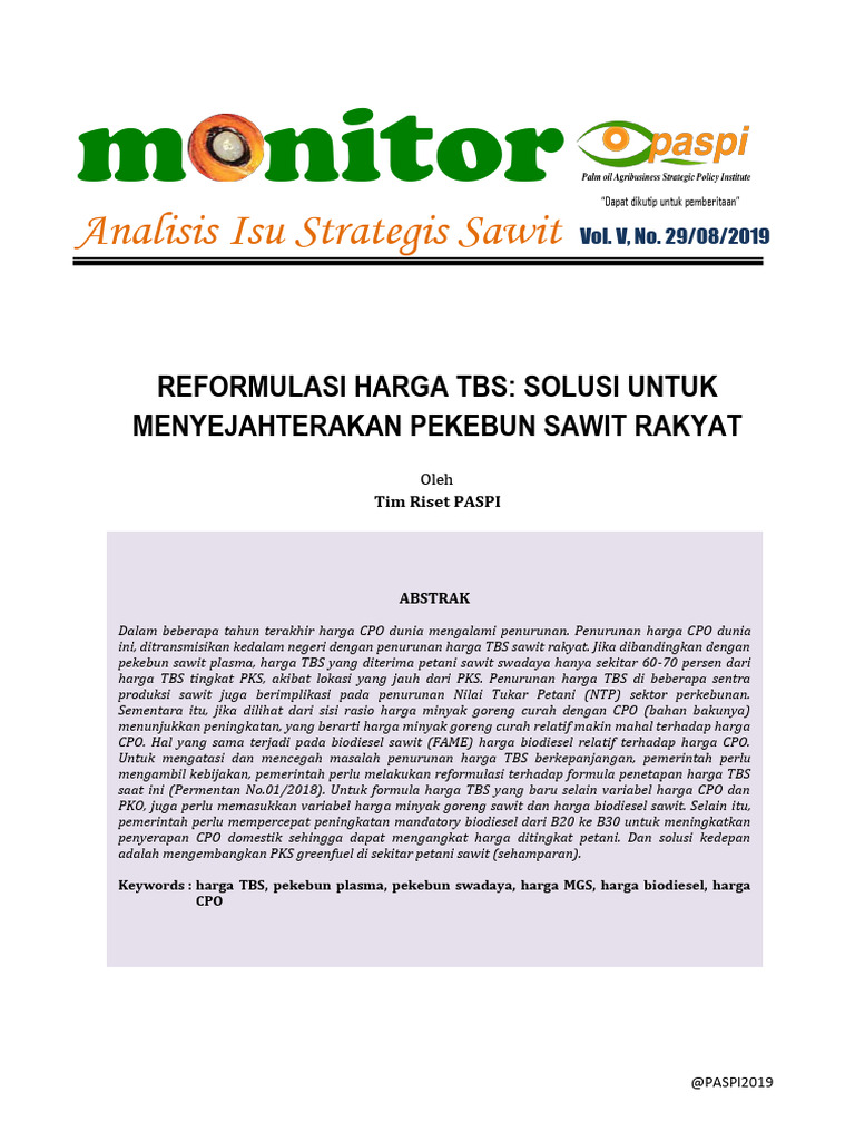 Reformulasi Harga TBS Solusi Untuk Menyejahterakan Pekebun Sawit Rakyat | PDF
