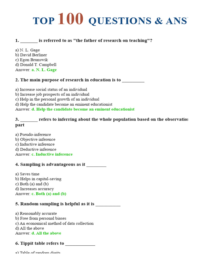 Research Methodology MCQ with Answer 100 Questions | PDF | Hypothesis | Sampling (Statistics)