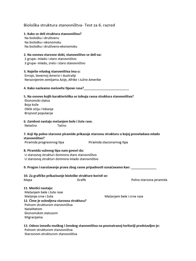 Geografija 6. Razred - Bioloska-Struktura-Stanovnistva | PDF