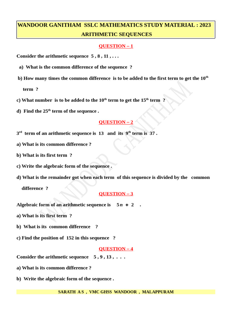 SSLC Mathematics Important Questions Chap 1 EM ARITHMETIC SEQUENCES | PDF