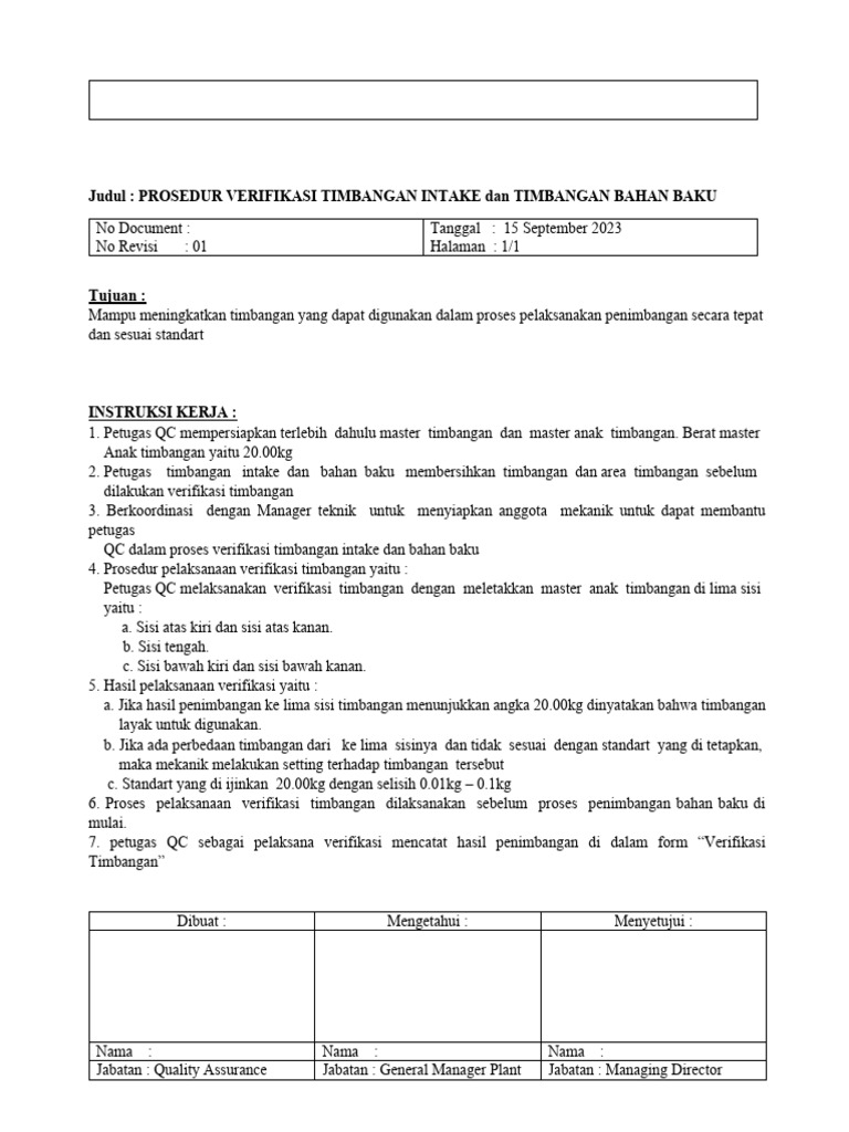 Sop Timbangan | PDF | Teknologi & Rekayasa