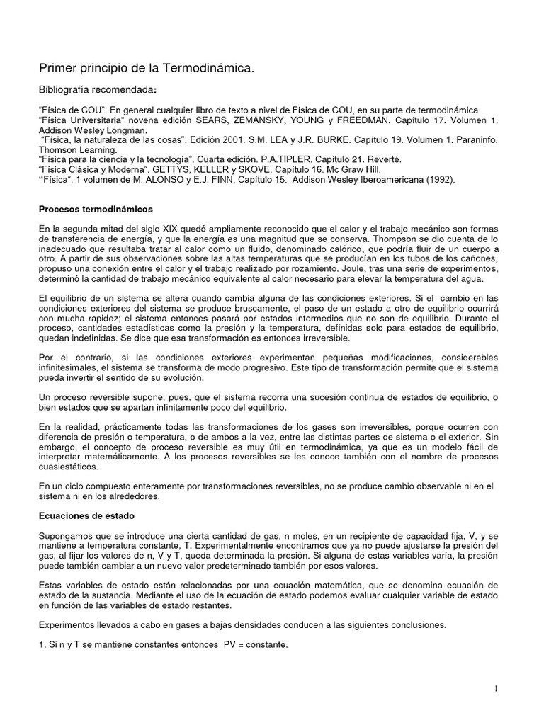 Primer_principio_de_la_Termodinamica | PDF | Calor | Gases