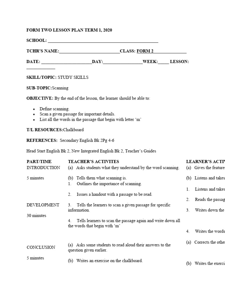 Form Two Lesson Plan Term 1 | PDF | English Language | Lesson Plan