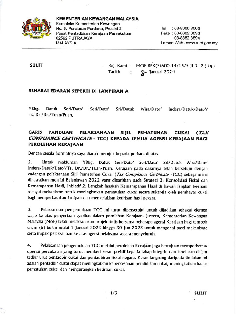 Surat MOF 8.1.2024 - Sijil Pematuhan Cukai - TCC | PDF